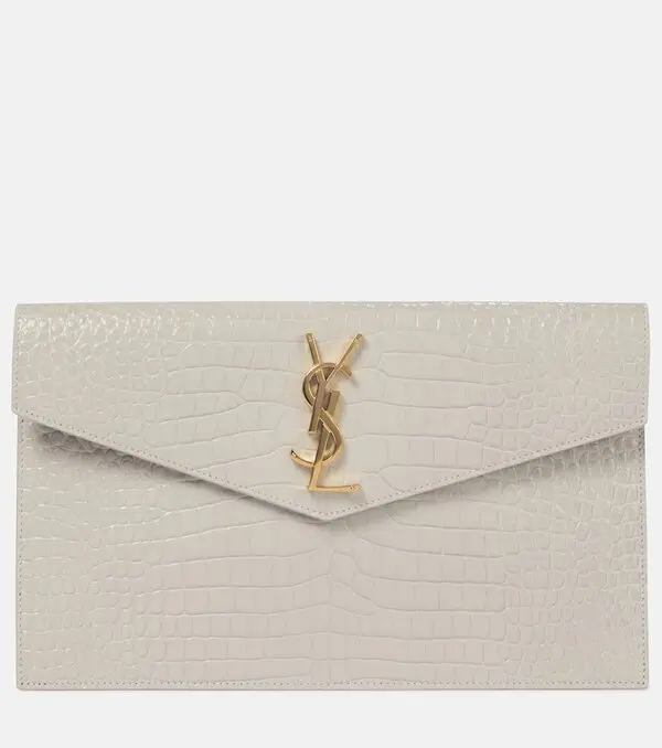 Saint Laurent Uptown Croc-effect Leather Clutch - White