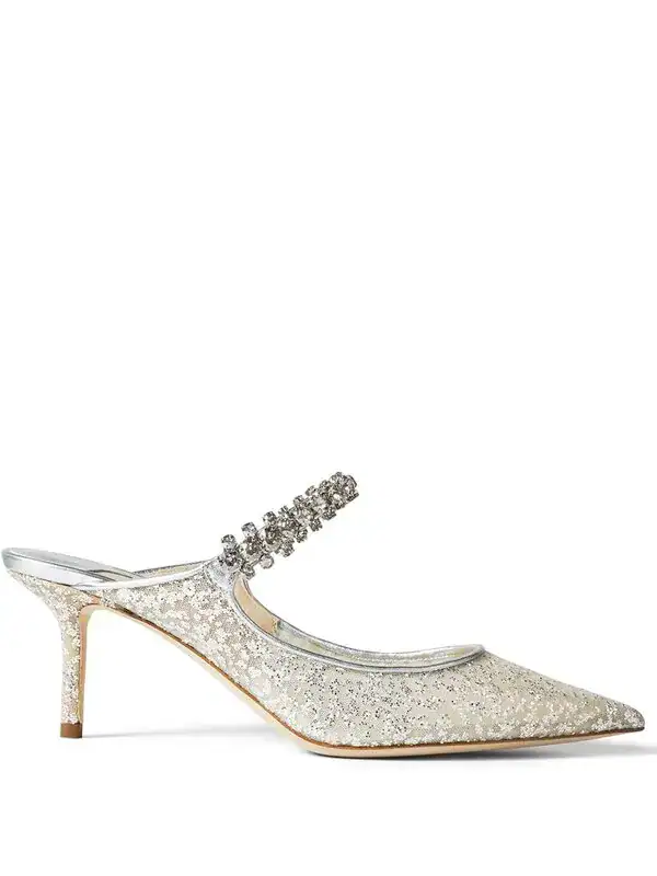 Jimmy Choo Bing 65mm Glitter Mules Silver Editorialist