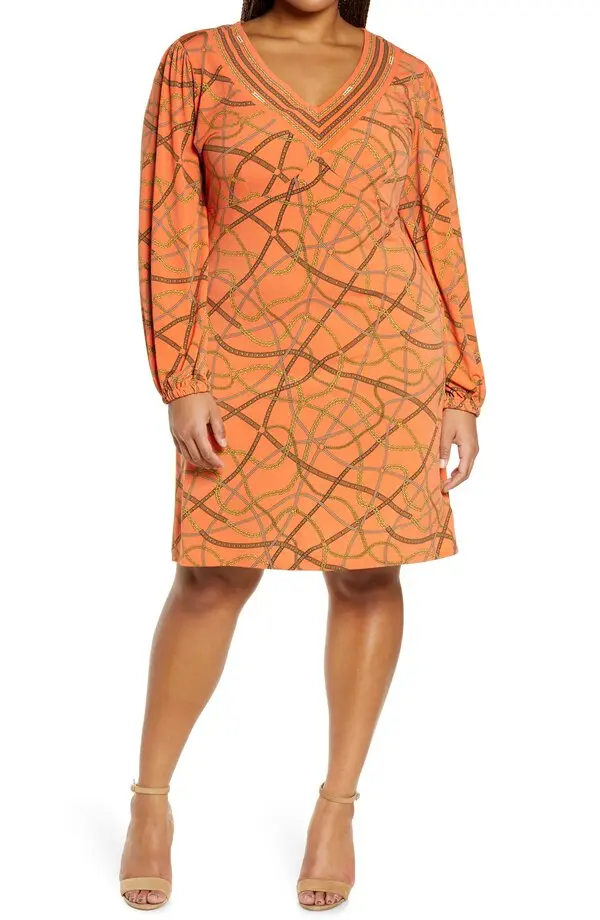 Michael Kors Chain Print Long Sleeve Jersey A-Line Dress - Zinnia |  Editorialist
