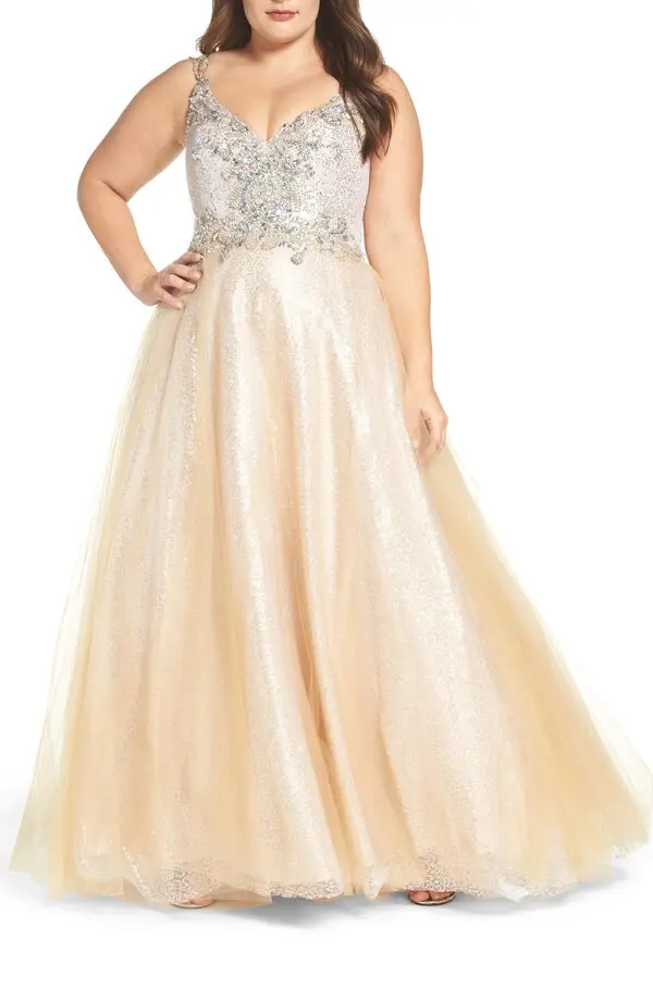Mac Duggal Beaded Tulle Ballgown - Nude/ Silver | Editorialist