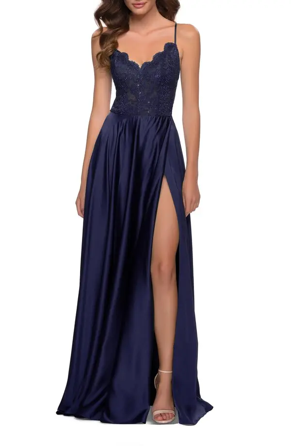 La Femme Embellished Lace & Satin Gown Emerald Editorialist