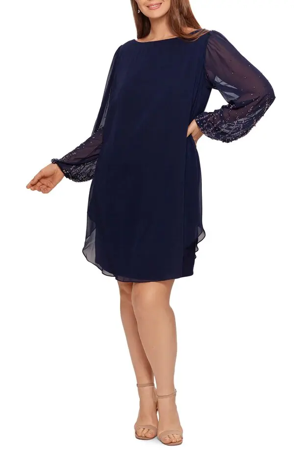 Xscape Beaded Long Sleeve Cocktail Shift Dress - Blue | Editorialist