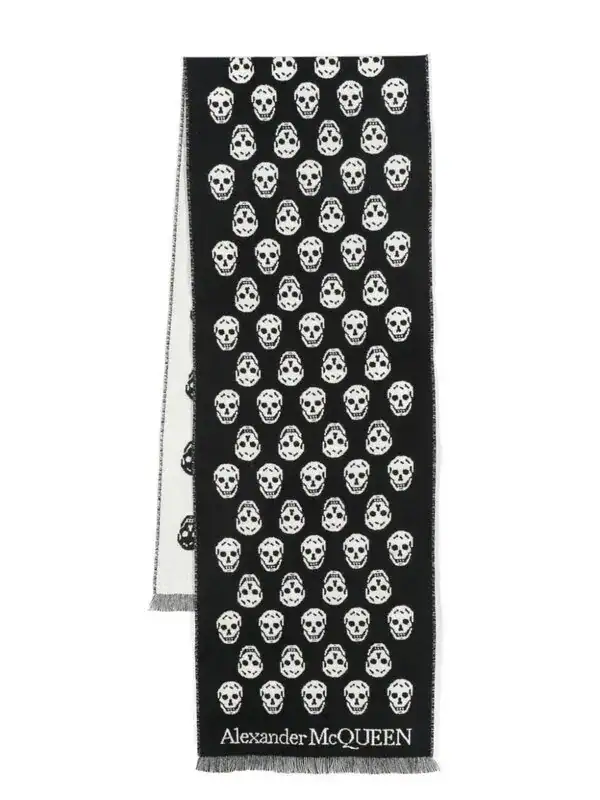 Alexander Mcqueen Skull Reversible Fringed Scarf - Black