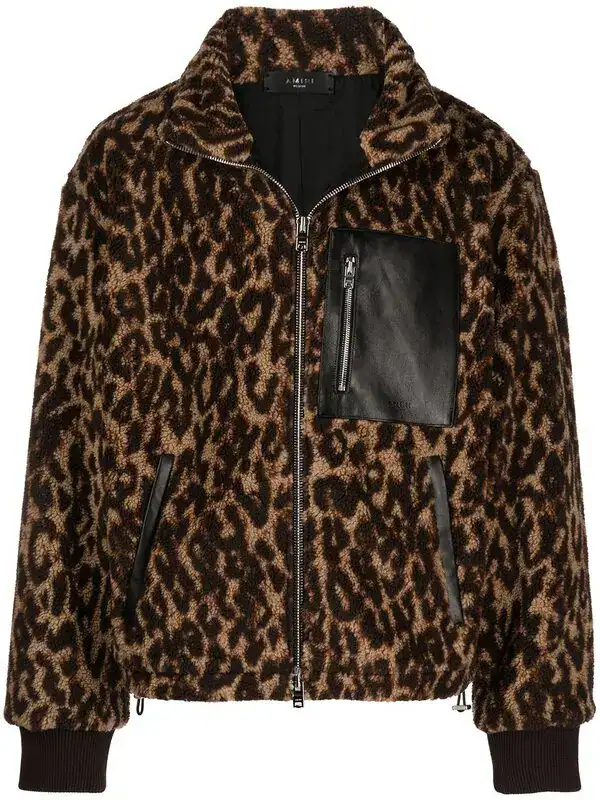 Brown Leather Leopard Print Bomber Jacket Mens Amiri Leopard-Print