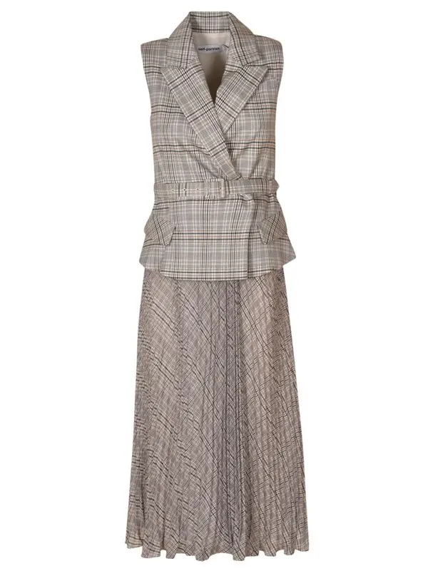 knee length dresses for ladies Brown Check Chiffon Midi Dress – self-portrait-US