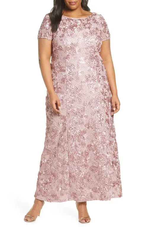 Alex Evenings Rosette Lace A-line Gown - Rose