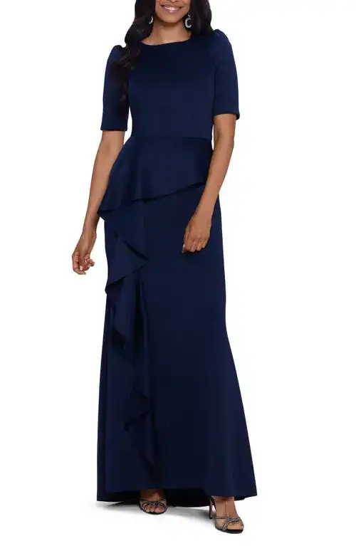 Xscape Evenings Xscape Ruffled Scuba Short Sleeve Gown - Midnight |  Editorialist