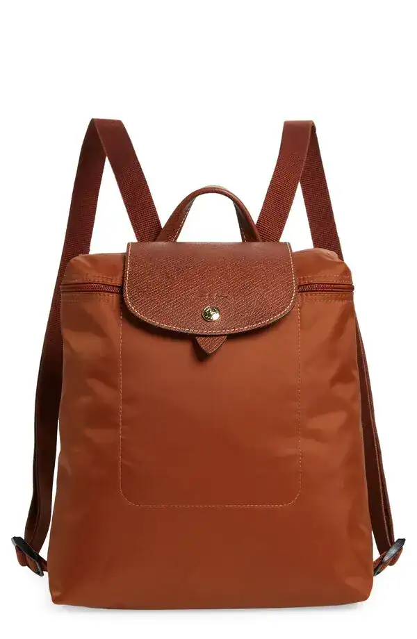 Longchamp Orange Nylon Backpack with Brown Leather Flap and Straps Longchamp - Orange Nylon Backpack main image 4