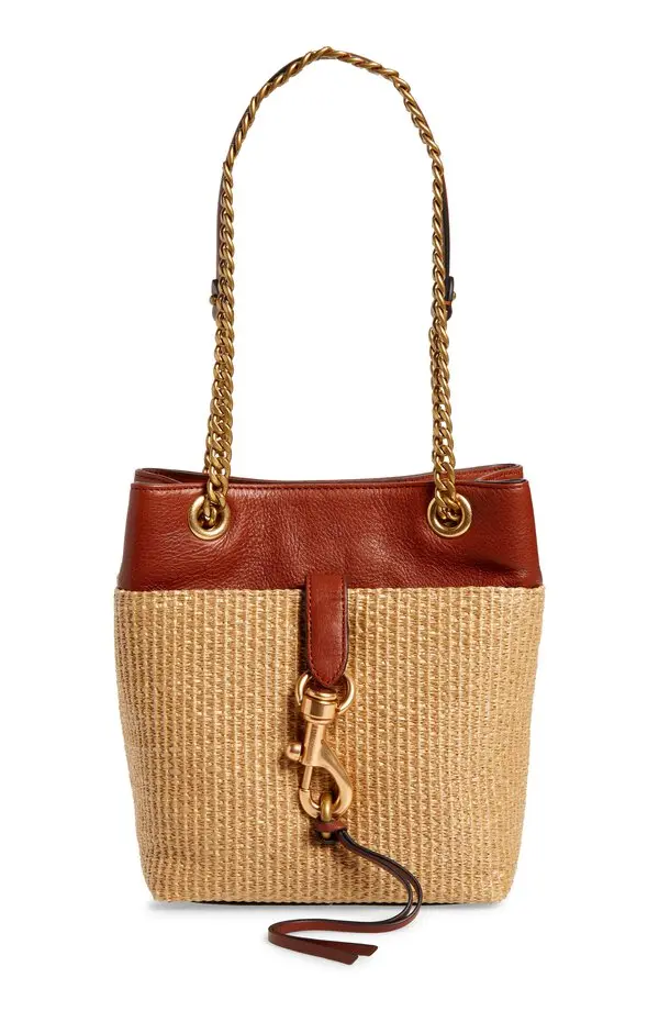Rebecca Minkoff Edie Straw Leather Bucket Crossbody Bag In Nat
