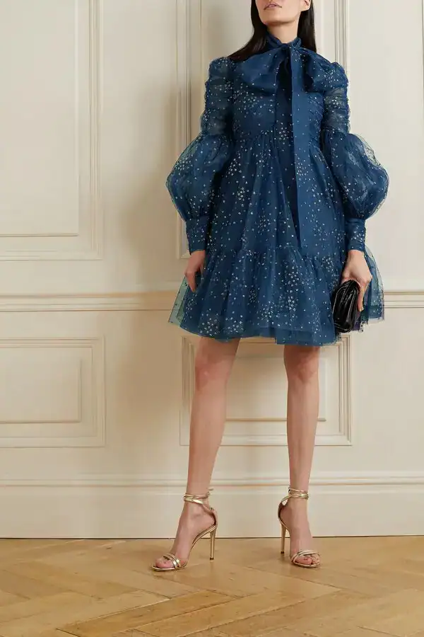 Zimmermann Rhythm Tie-Neck Ruched Flocked Tulle Mini Dress - Blue |  Editorialist