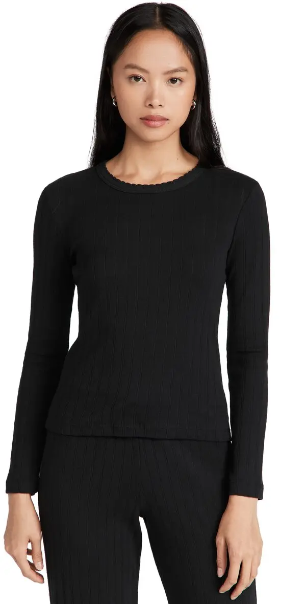 LESET Pointelle Long Sleeve Top - Black