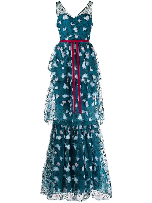 Marchesa Layered Embroidered Tulle Dress In Blue - 40% Off | Editorialist