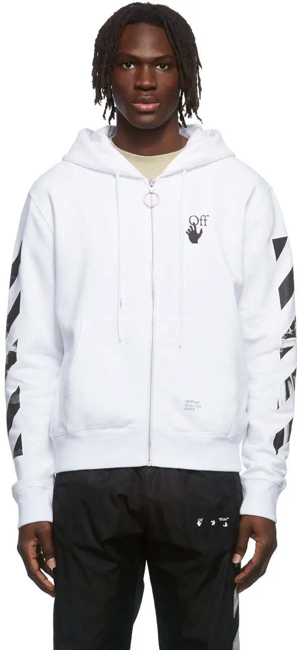 Off-White White Caravaggio Arrow Over Zip-Up Hoodie In White/Black 