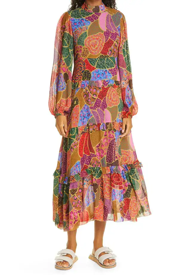 knee length dresses for ladies Farm Rio Mesh Mock Neck Long Sleeve Midi Dress