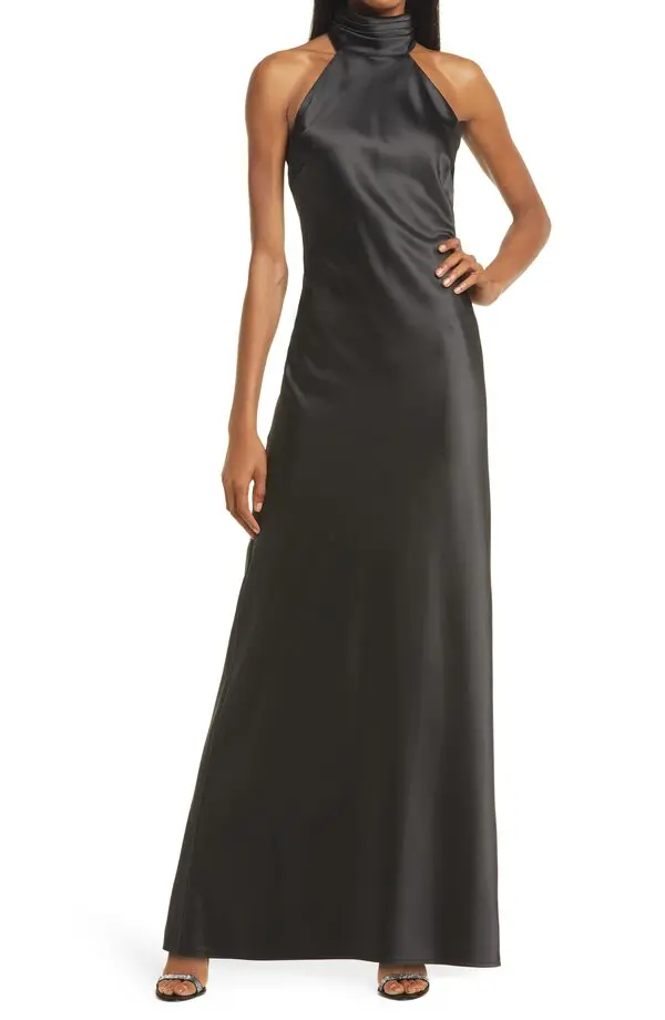 Lulus Bravado Halter Backless Satin Gown In Black - 40% Off | Editorialist