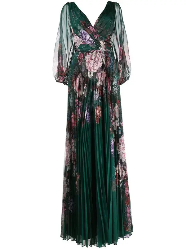 Marchesa Floral-Print Pleated Gown In Green - 50% Off | Editorialist