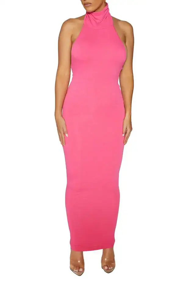 ribbed modal turtleneck maxi dress in blossom pink Oh Polly Dress Ribbed Modal Turtleneck Maxi Dress in Blossom Pink