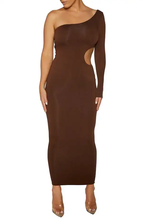 naked wardrobe one shoulder dress One-Shoulder Long Sleeve Maxi Sweater Dress (Women)