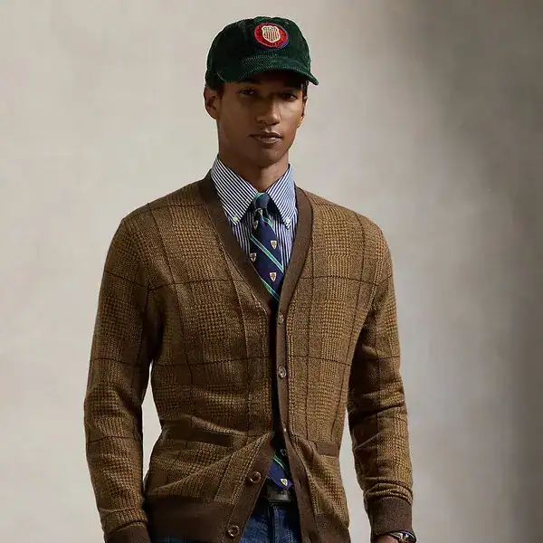 Ralph Lauren Glen Plaid Wool Cardigan In Brown Combo 30% Off