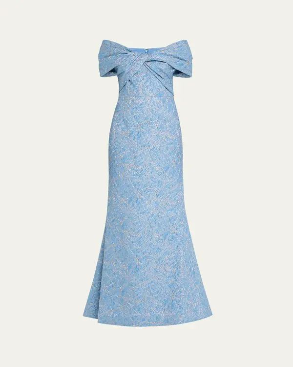 Rickie Freeman For Teri Jon Off-shoulder Jacquard Gown - Blue Multi