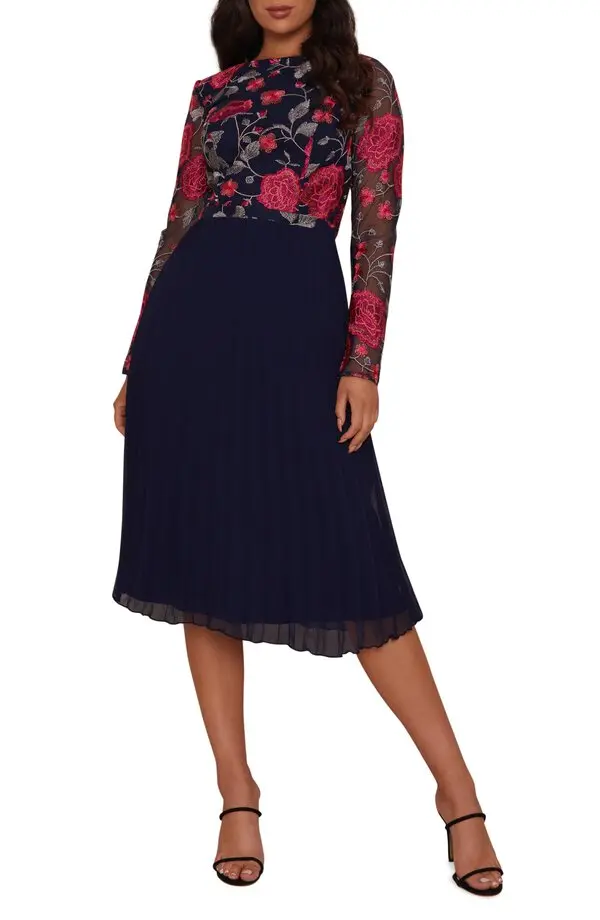 Chi Chi London Floral Embroidered Long Sleeve Midi Dress Navy