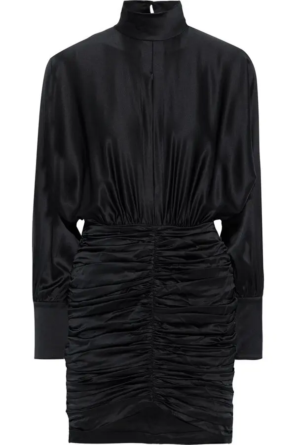 high neck ruched back satin mini dress GUIZIO Ruched Satin Open Back Dress in Black