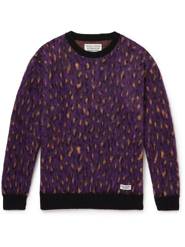 Wacko Maria Leopard-Print Textured-Knit Sweater M In Purple - 40