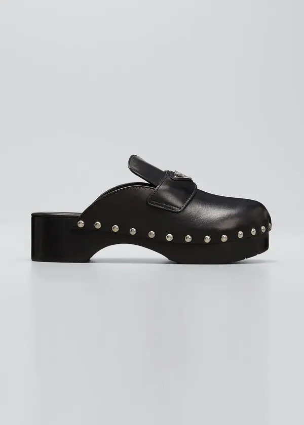 Prada Leather Logo Mule Clogs - Nero | Editorialist