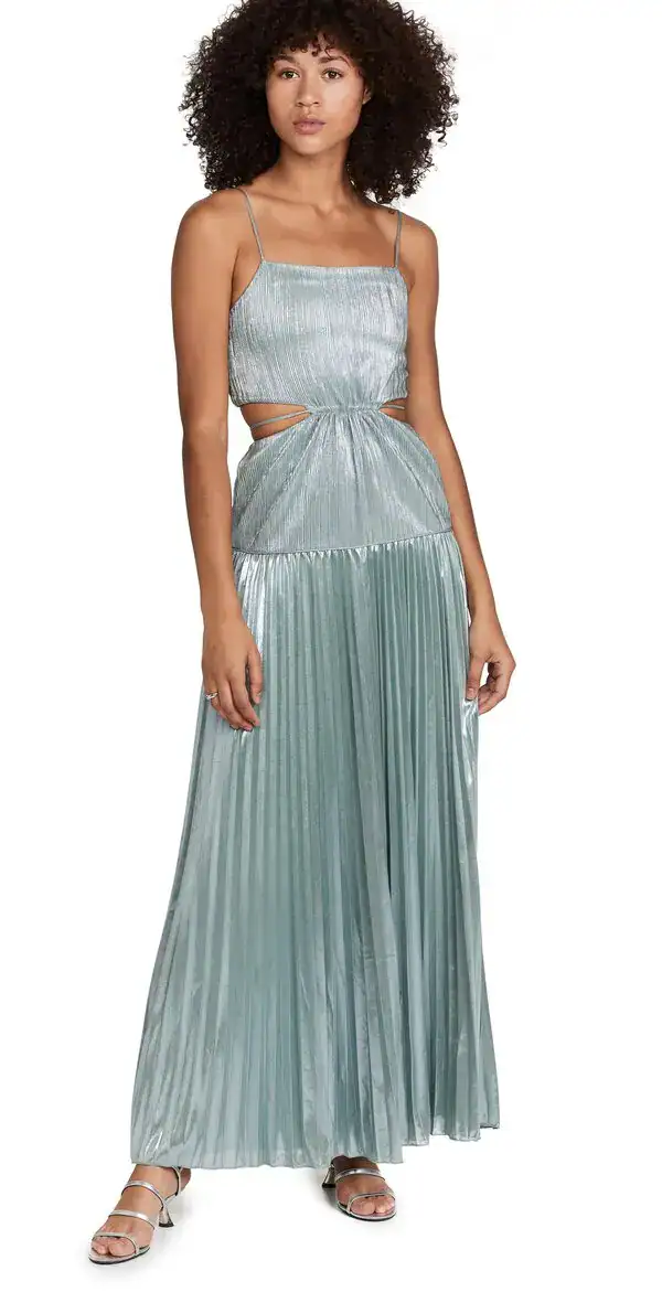 jonathan simkhai plisse lame maxi dress SIMKHAI Plisse Lame Maxi Dress in Cool Silver