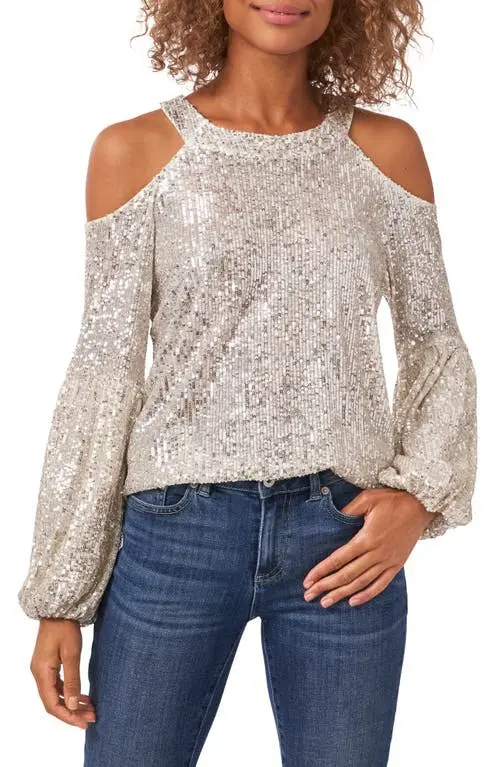 CECE DUPRAZ Sequined Cold Shoulder Top - Champagne