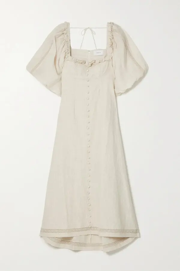 Joslin Net Sustain Rylee Crochet-Trimmed Ruffled Linen Midi Dress In  Neutrals - 50% Off | Editorialist