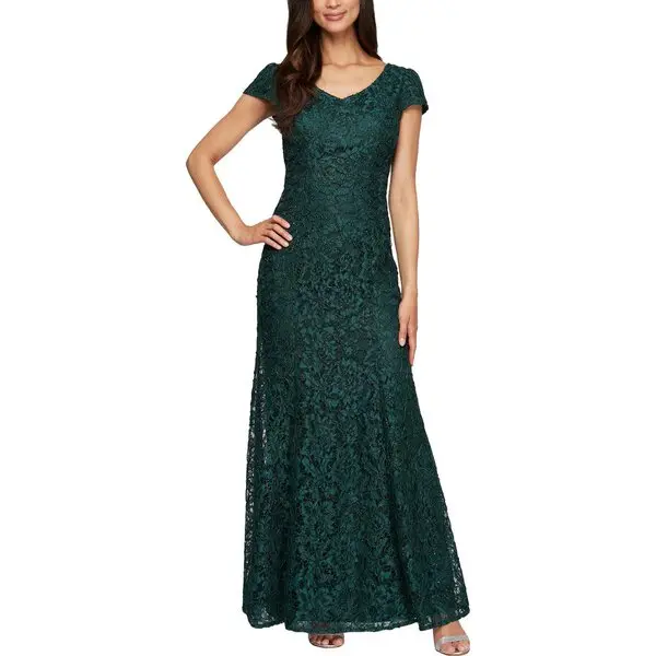 Alex Evenings Lace V-neck Fit & Flare Gown