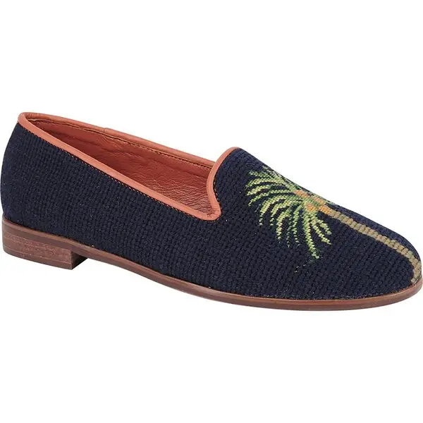 BYPAIGE By Paige Needlepoint Palm Tree Flat - Navy