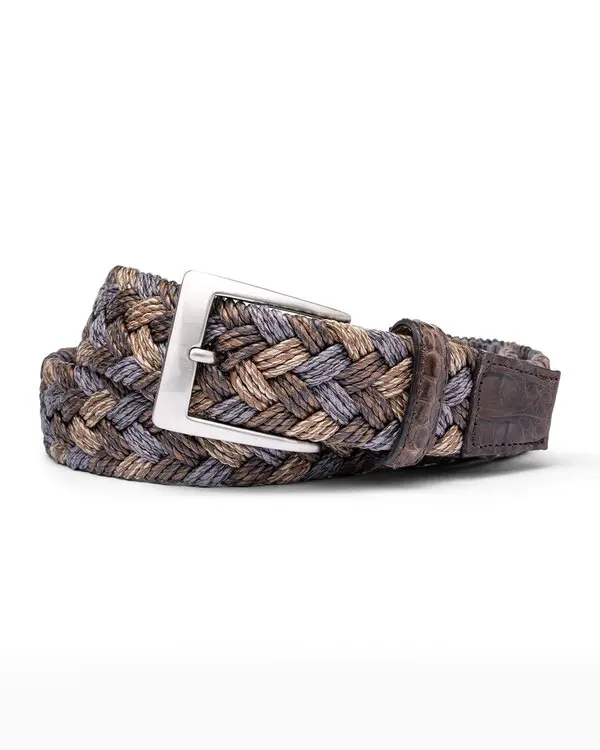 W.KLEINBERG Woven Linen Belt With Crocodile Tabs - Tan, Grey, Brown
