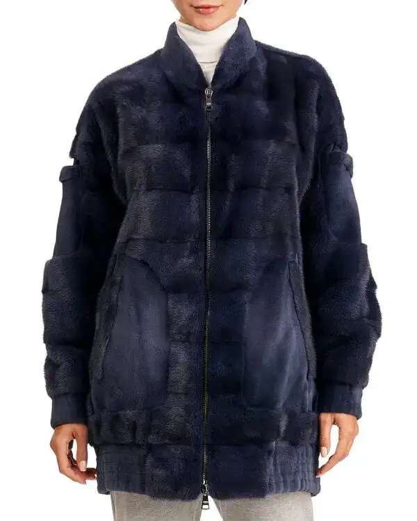Gianfranco Ferre Long Hair Sheared Mink Fur Bomber Jacket Blue