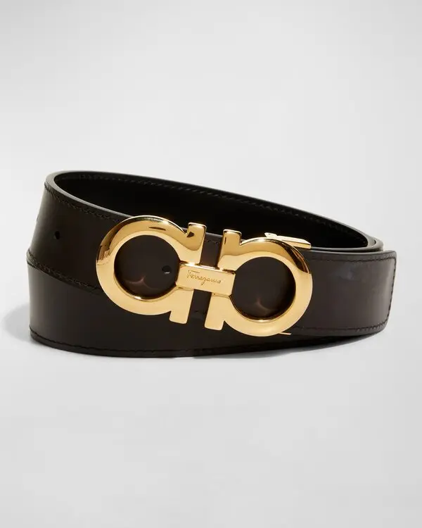 FERRAGAMO Reversible Double Gancini Leather Belt - Black