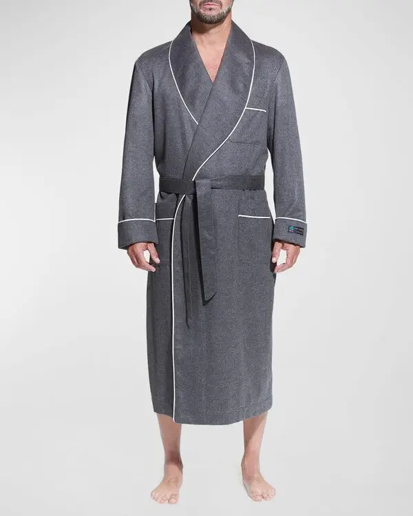 Majestic International Cashmere Braid-trim Shawl Robe - Fog/cream