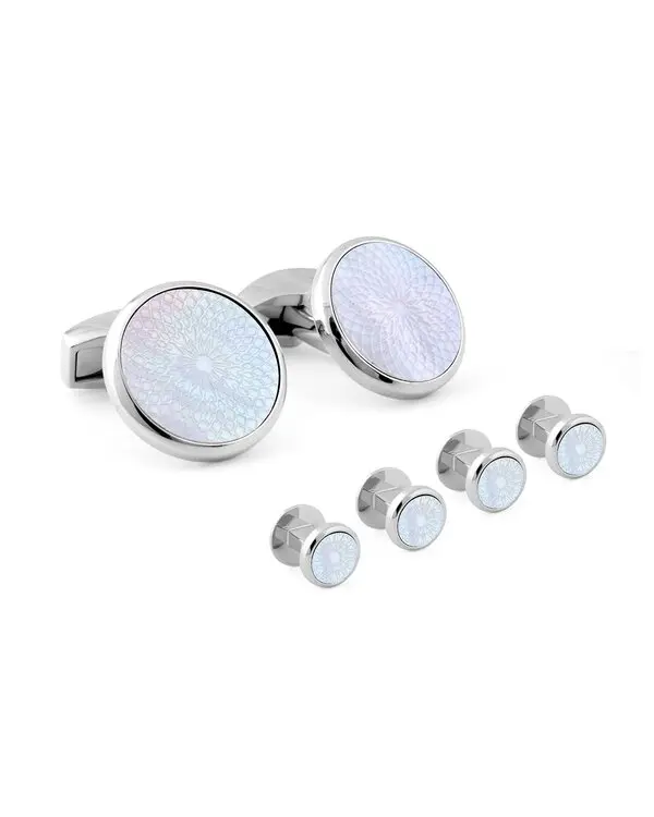 Tateossian Round Mother-of-pearl Guilloche Cufflink Stud Set