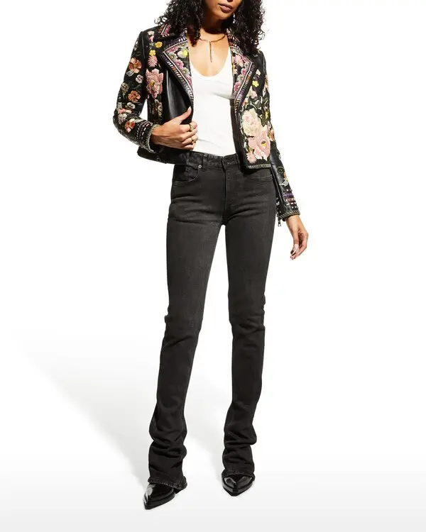 Alice Olivia Cody Embroidered Leather Moto Jacket In Blackmulti