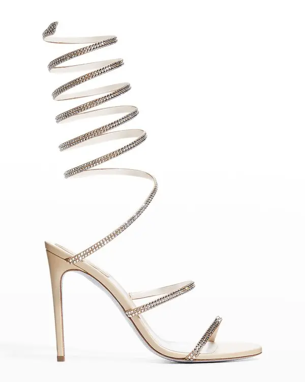 Rene Caovilla Crystal Snake Ankle-wrap Sandals - Beige/ Golden Shadow