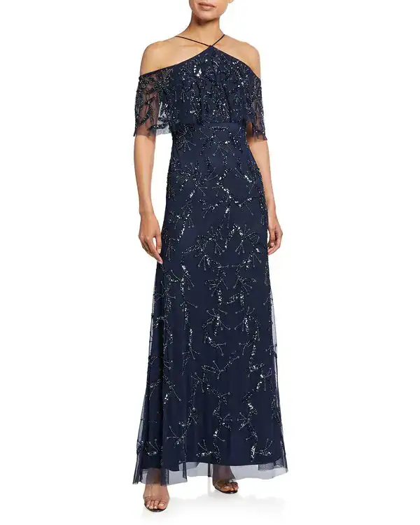 Aidan Mattox Fully Beaded Cold-Shoulder Halter Gown In Twilight
