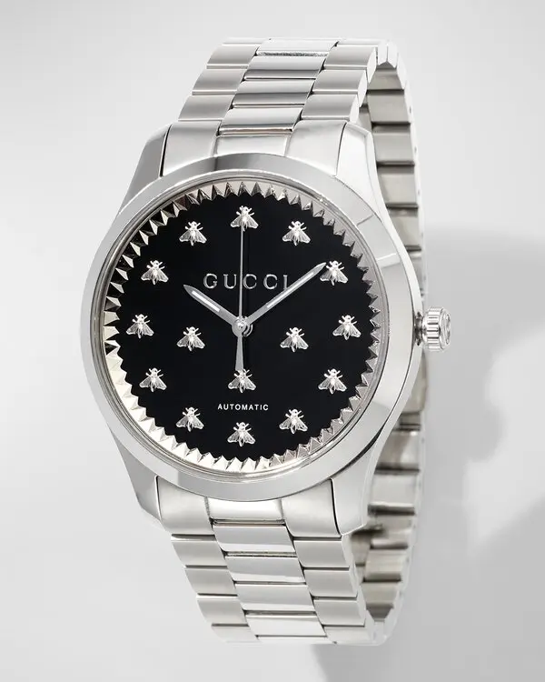 Gucci 42mm Signature Bee Automatic Bracelet Watch With Black Onyx Dial