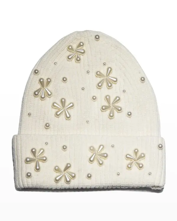 Lele Sadoughi Pearly Snowflake Rib Knit Beanie - Ivory  display picture 3