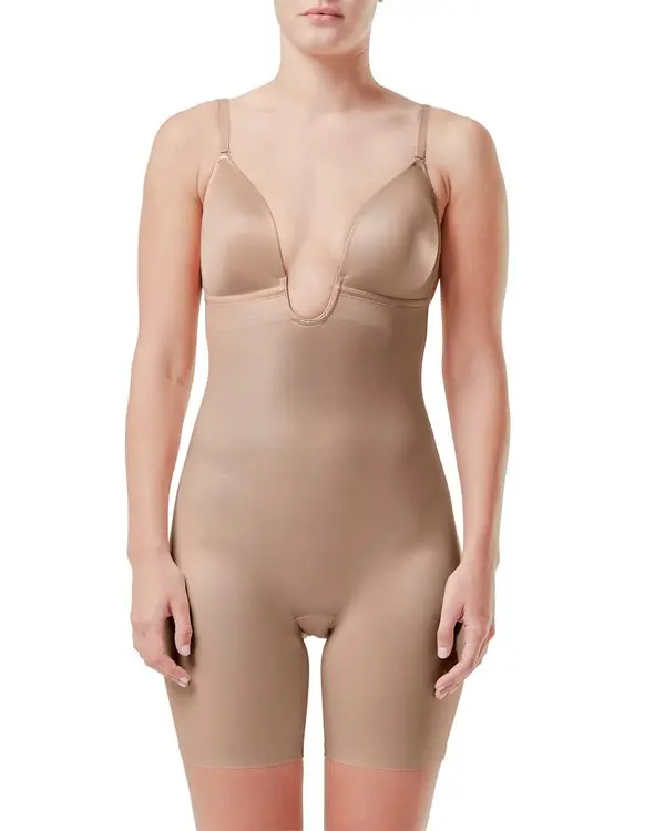 Spanx Spanxshape Suit Your Fancy Plunge Low-back Mid-thigh Bodysuit - Champagne