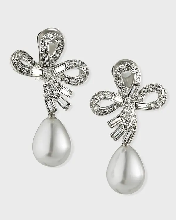 KENNETH JAY LANE Crystal-bow Pearly Clip-on Earrings - Silver