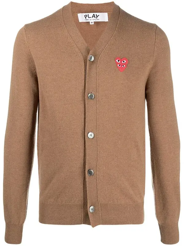 Play Comme Des Garcon Embroidered Logo-patch Cardigan - Brown