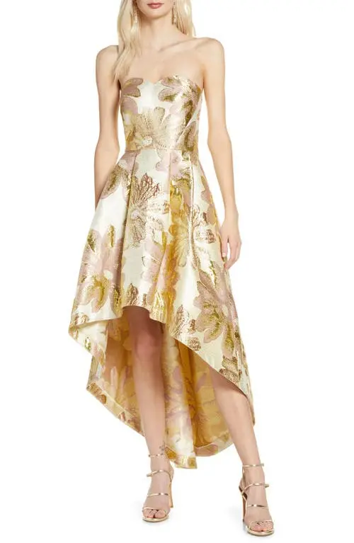 Chi Chi London Grace Strapless High/Low Brocade Party Dress - Gold |  Editorialist