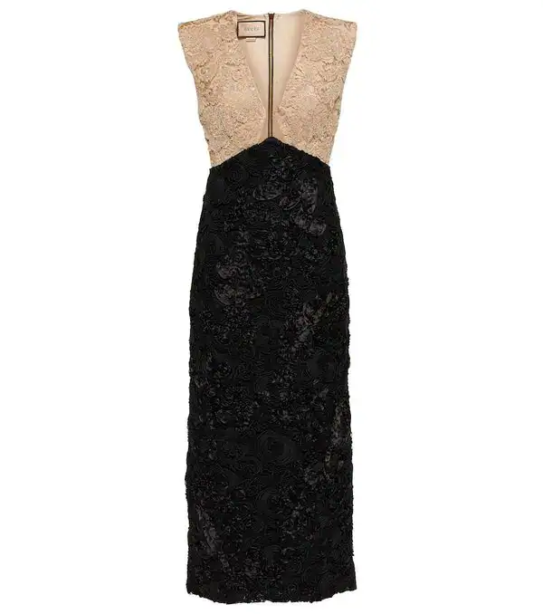 green emerald velvet dress Gucci Long red dress with flower embroidery