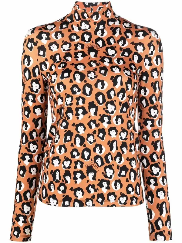 La DoubleJ Face-animal Print Turtleneck Top - Orange