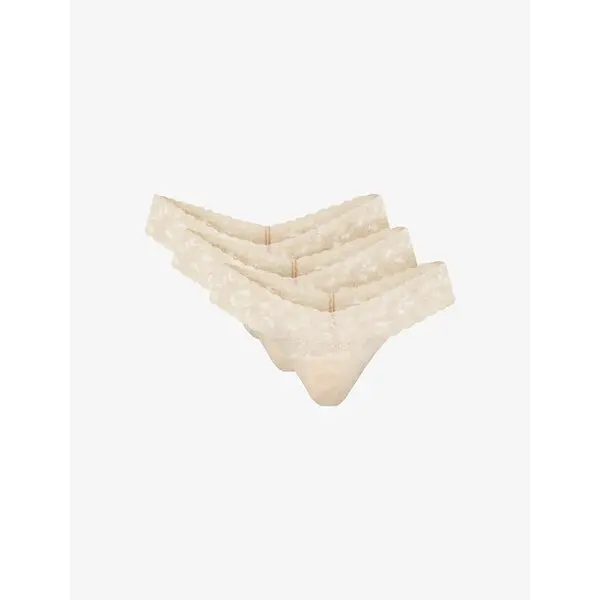Hanky Panky Signature Low-rise Stretch-lace Thong Pack Of Three - Chai